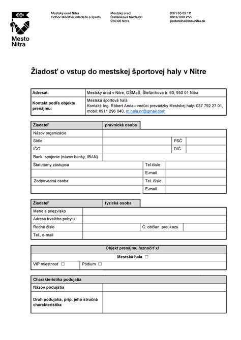 Formular Ziadost Prenajom Haly Žiadosť O Vstup Do Mestskej športovej Haly V Nitre Adresát