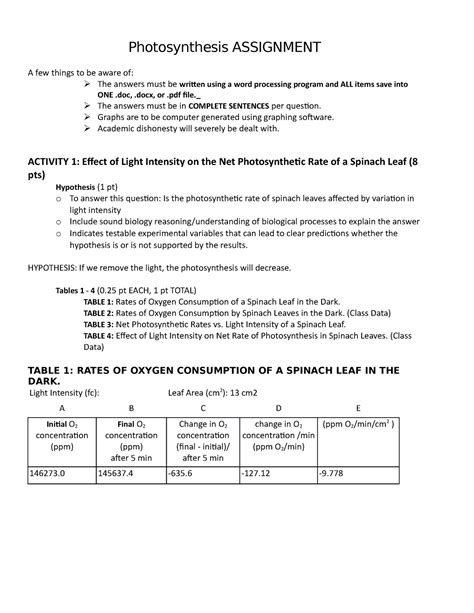 Photosynthesis Assignment Copy Photosynthesis Assignment A Few Things