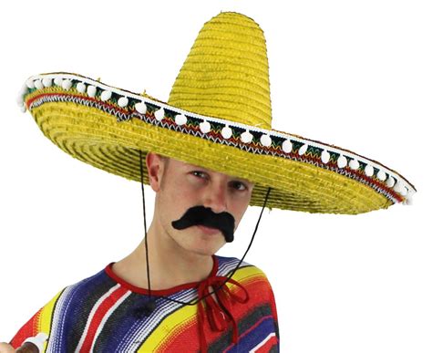Adults Sombrero Hat Yellow Mexican Sombrero With White Pompom Details Mens Ladies Mexican