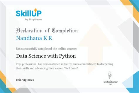 Nandhana K R Has Successfully Completed The Data Science With Python Nandhana K R