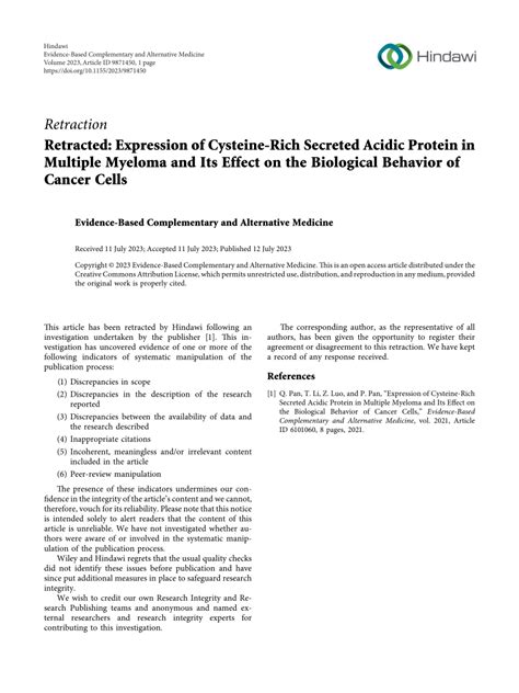 Pdf Retracted Expression Of Cysteine Rich Secreted Acidic Protein In Multiple Myeloma And Its