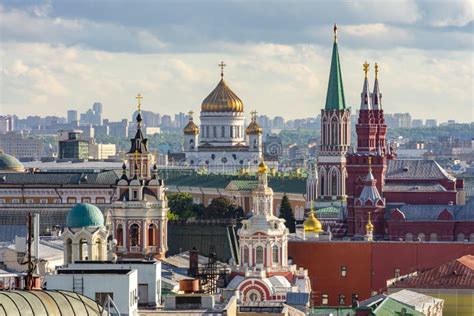 Moscow Cityscape With Grand Kremlin Palace And Towers Russia Stock
