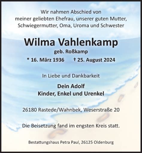 Traueranzeigen Von Wilma Vahlenkamp Nordwest Trauerde