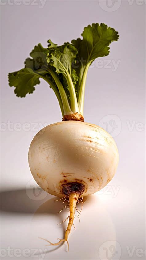 Fresh White Turnip With Vibrant Green Leaves And Root System On Clean