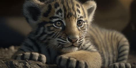Premium Ai Image A Tiger Cub Is Looking Up At The Camera