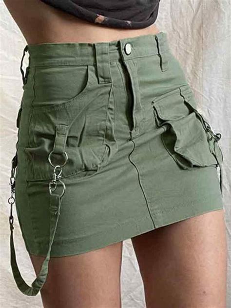Ribbon Asymmetric Pocket Design Cargo Mini Skirt Green L Houseof
