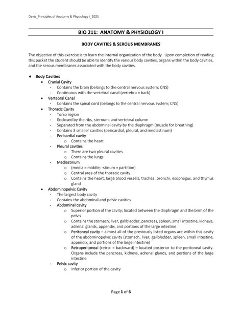 Body Cavities And Serous Membranes Bio 211 Anatomy And Physiology I