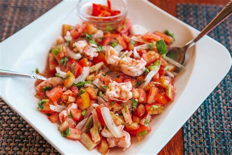 Closeup Of Plate Of Delicious Colorful Shrimp Ceviche On Restaurant