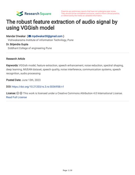 Pdf The Robust Feature Extraction Of Audio Signal By Using Vggish Model