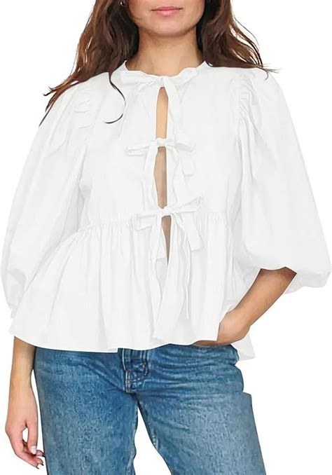 Cioatin Women Bow Tie Front Shirt Top Cute Puff Sleeve Y2k Peplum