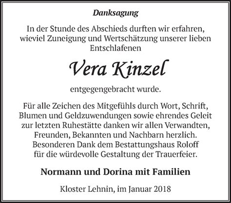 Traueranzeigen Von Vera Kinzel Märkische Onlinezeitung Trauerportal
