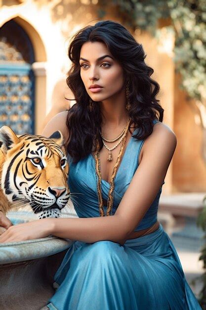 Premium Ai Image A Model With A Tiger On Her Lap