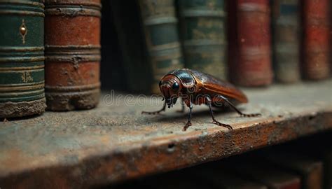 Cockroach Crawls On Dusty Wooden Shelf Between Old Books Insect Explores Antique Library Stock