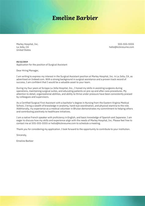 Surgical Assistant Cover Letter Sample Kickresume