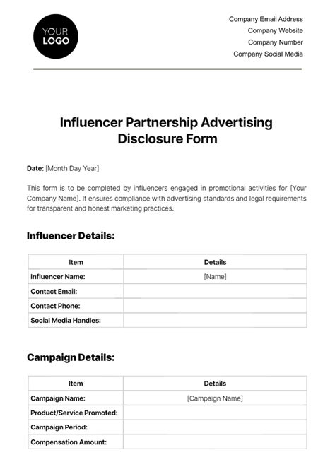 Free Influencer Partnership Advertising Disclosure Form Template To Edit Online