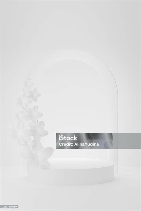 3d 사실적인 연단 배경 흰색 원통형 받침대 빛나는 빛나는 아치에 하얀 봄 꽃이 장식 모형 3d 렌더링으로 피어납니다 전시 제품 진열장 플랫폼을 위한 꽃 무대 0명에 대한