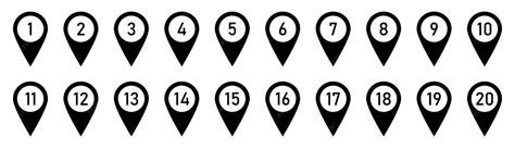 Vector Illustration Of 20 Black Location Pin Icons With Numbers From 1