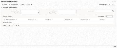 Reject Code Maintenance Summary