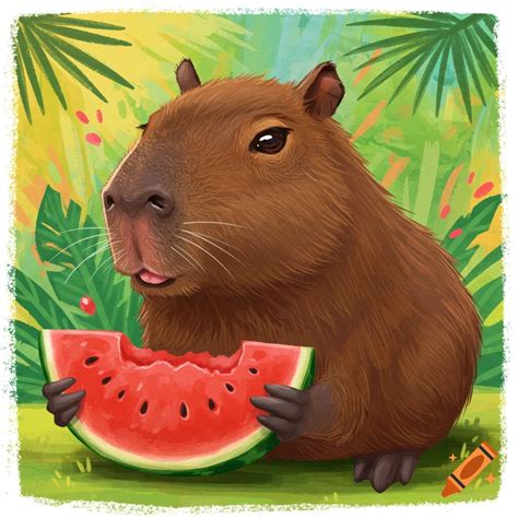 Cute Illustration Of A Capybara Eating A Taco While Jumping On A
