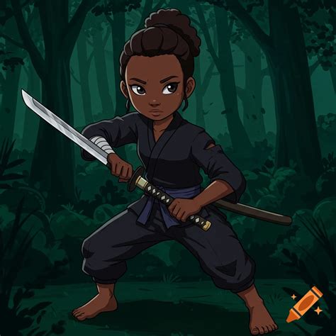 Anime Illustration Of A Dark Skinned Girl In A Black Ninja Gi Holding A