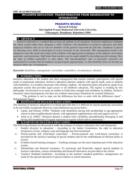 Pdf Inclusive Education Transformation From Segregation To Integration