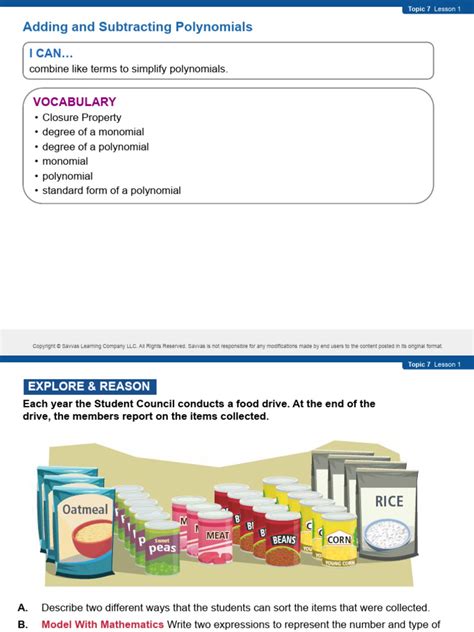 Lesson 7 1 Adding And Subtracting Polynomials Pdf Subtraction Polynomial