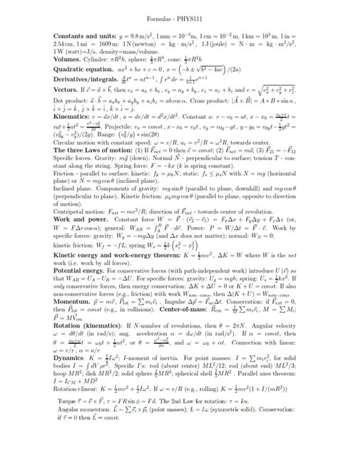 Formula Chart Physics 111 Common Exam 3 Fall 2024 Pdf Force