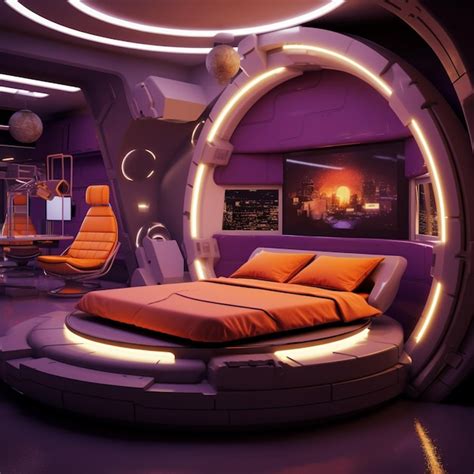 Premium Photo A Purple And Orange Bedroom With A Round Bed Future