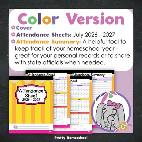 Homeschool Attendance Sheet 2026 2027 Printable Tracker Summary
