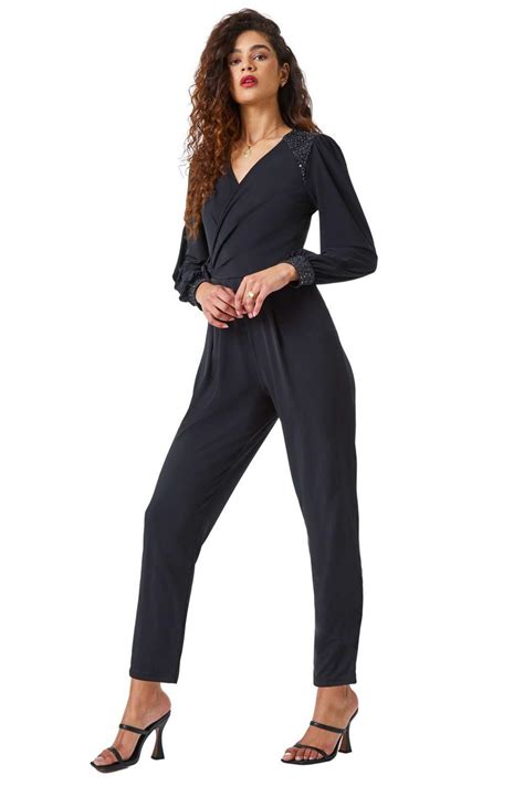 Jumpsuits Embellished Detail Wrap Jumpsuit Roman