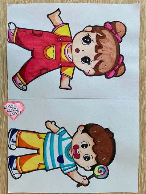 小孩简笔画一男一女涂色可爱（高清16张）简笔画图片大全