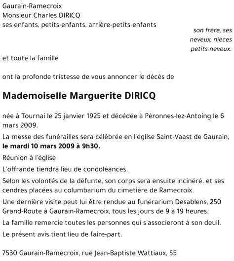 Avis De Décès De Marguerite Diricq Décédé Le 06032009 à Péronnes Lez