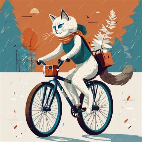 A Cat Riding A Bike With A Basket On The Back Of It Premium Ai