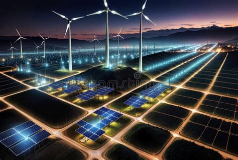 Solar Panels And Wind Turbines At Night Alternative Energy Source 3d Rendering Generative Ai