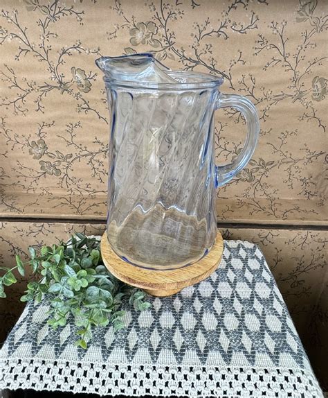 Vintage Bartlett Collins Light Blue Swirl Water Glass Pitcher With Ice