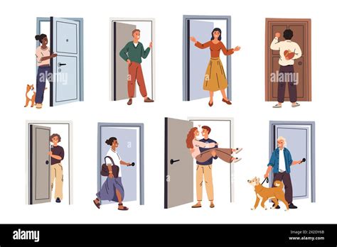 People In Doorways Characters Opening Wooden Doors Apartment Inputs And Outputs Knocking