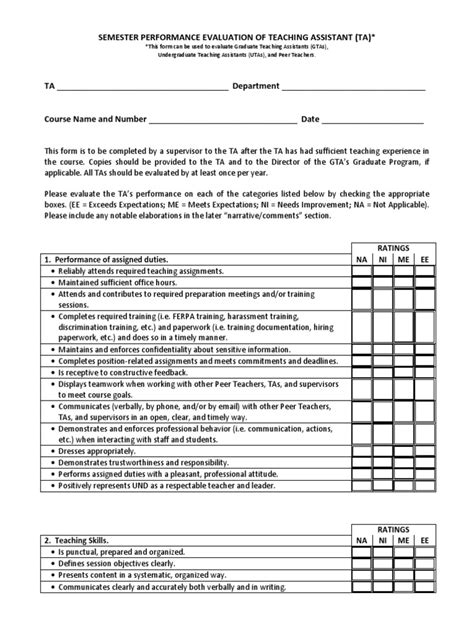 Ta Evaluation Form Pdf Teaching Assistant Learning