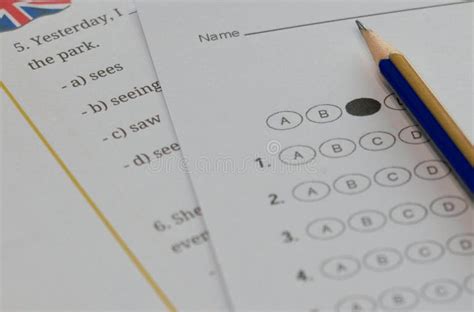 English Test And Bubble Answer Sheet On Table In Class Stock Image Image Of Learn Ielts