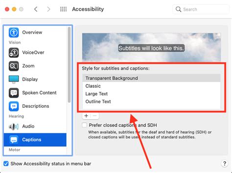 how to customise subtitles and captions in macos 11 big sur abilitynet