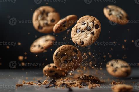 Chocolate Chip Cookies Falling Onto Countertop With Crumbs 47909091