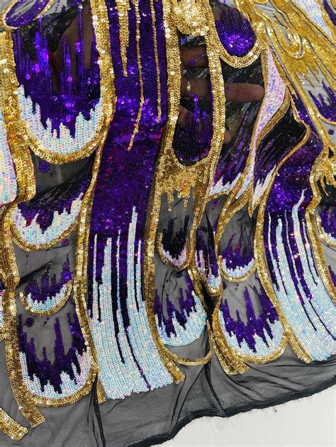 Multi Color Sequins Design Purple Aqua Gold 4 Way Stretch Sequ