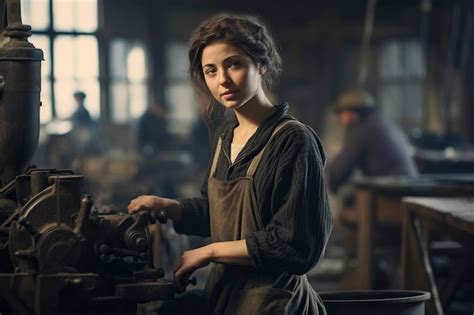 Old Image Of A Woman Working In An Industrial Factory Premium Ai