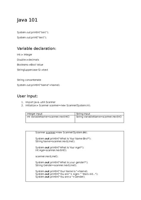 Java 101 Comprehensive Notes On Variable Declaration And Operations