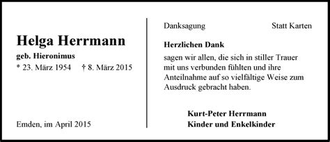 Traueranzeigen Von Helga Herrmann Nordwest Trauer De
