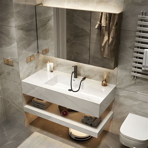 Modern Stone Wall Mounted Bathroom Vanity With Ceramic Sink And Faucet