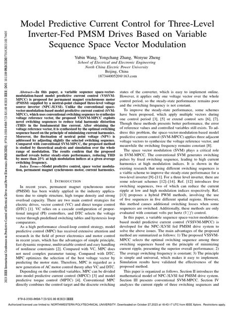 Model Predictive Current Control For Three Level Inverter Fed Pmsm