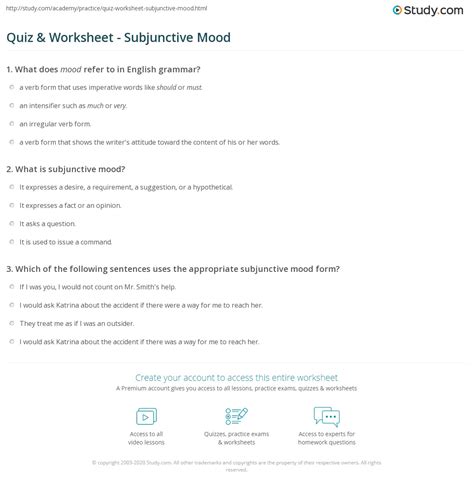 Quiz And Worksheet Subjunctive Mood