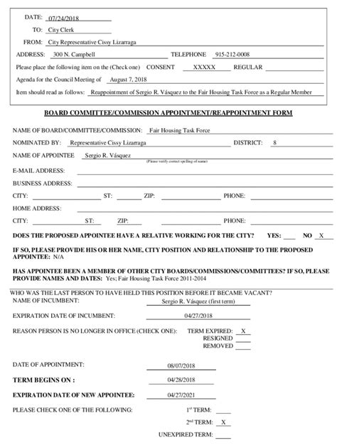 Fillable Online Reappointment Of Sergio R Vásquez To The Fair Housing Task Force Fax Email