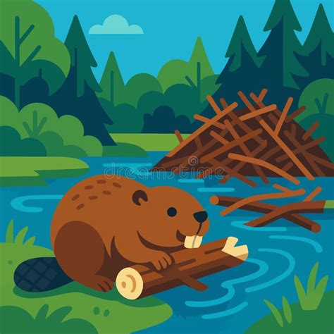 Beaver Building Dam By River Illustration In Forest Environment Stock