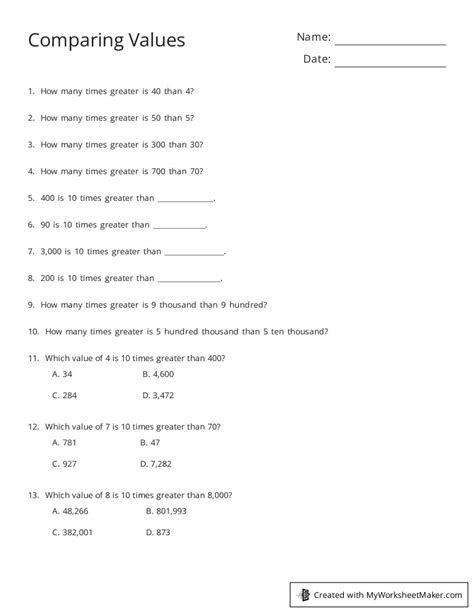 Comparing Values My Worksheet Maker Create Your Own Worksheets